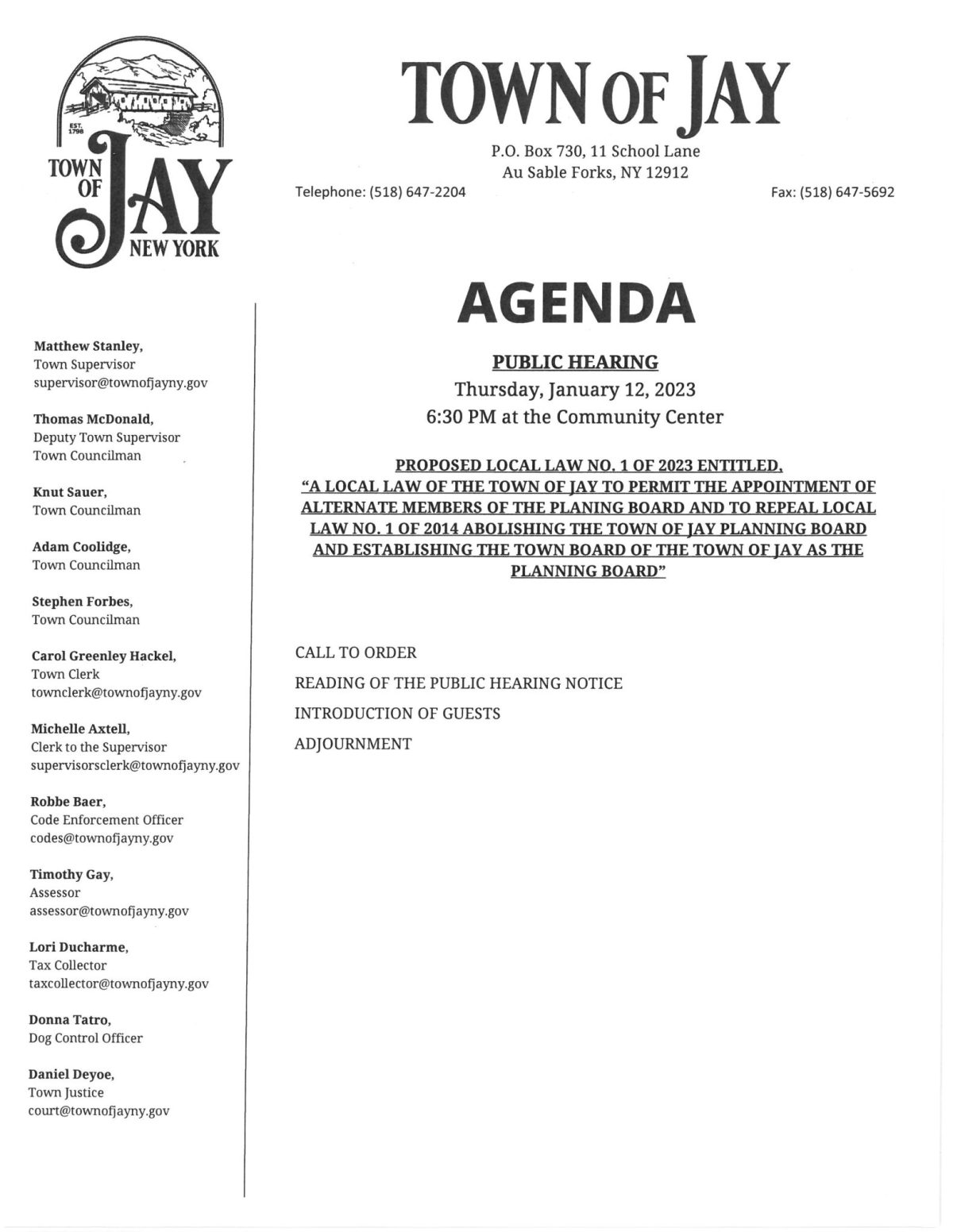 Town of Jay Public Hearing 1/12/23 – Town of Jay, New York