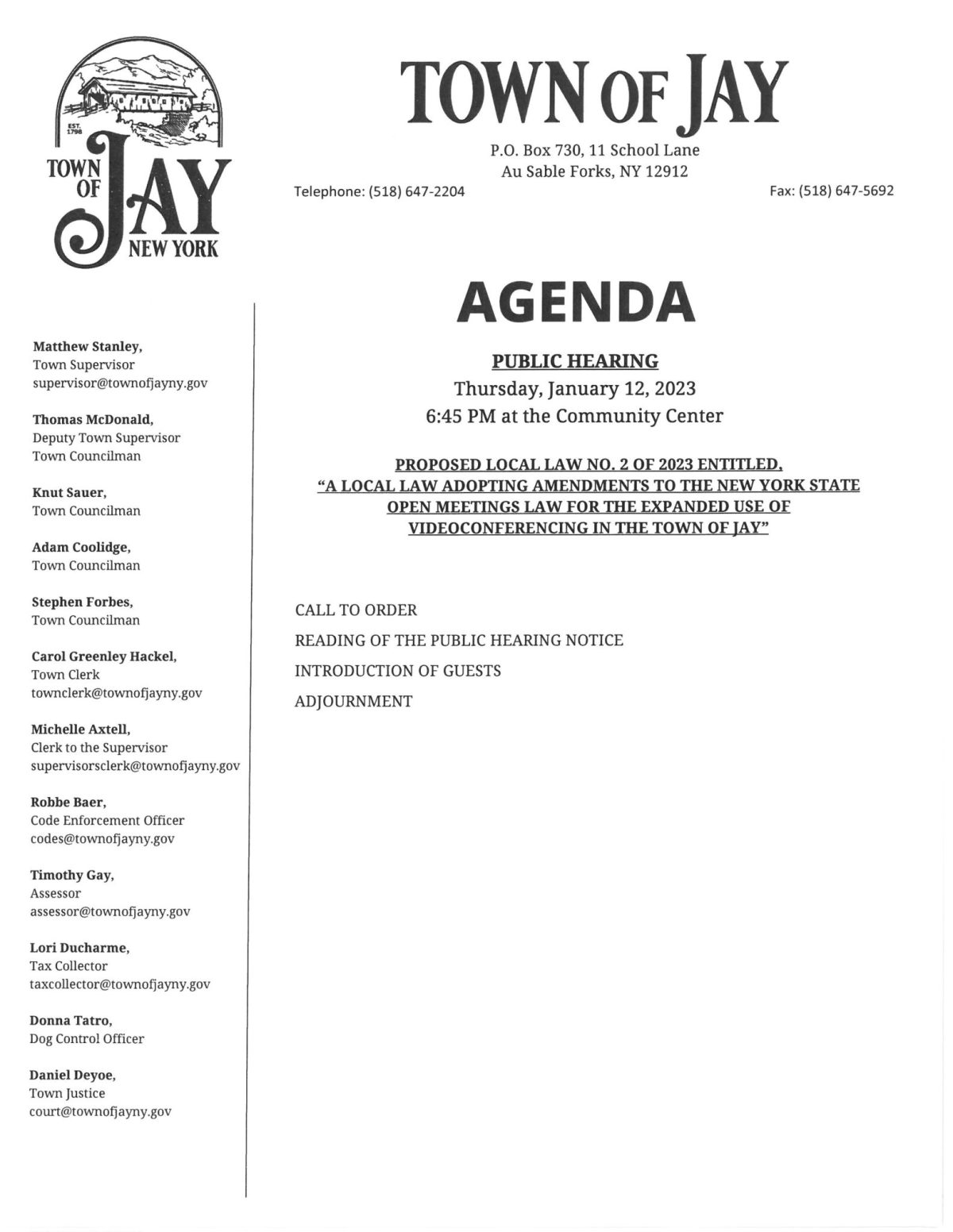 Town of Jay Public Hearing No. 2 on 1/12/23 – Town of Jay, New York