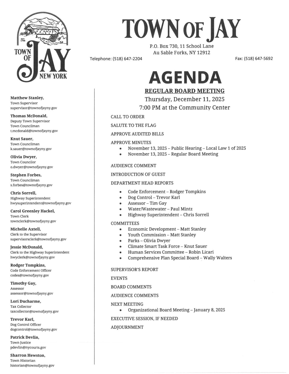 Town of Jay Board Meetings – Town of Jay, New York